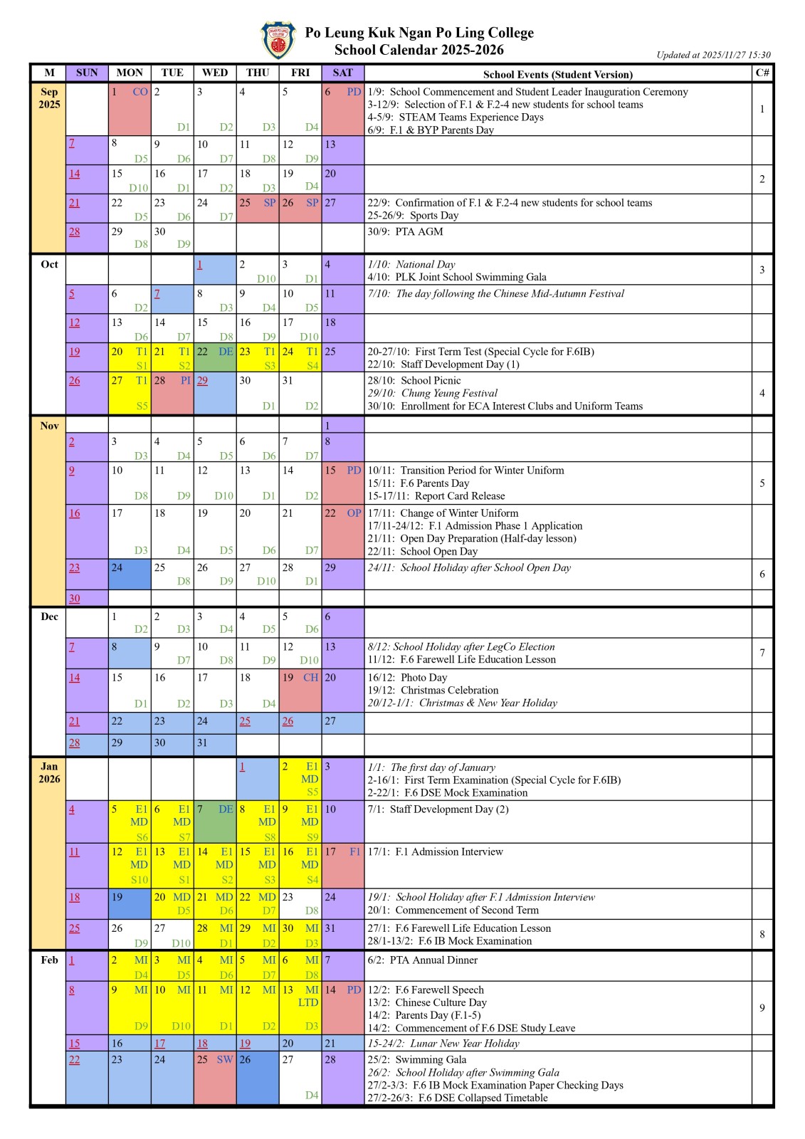 Po Leung Kuk Ngan Po Ling College - Calendar